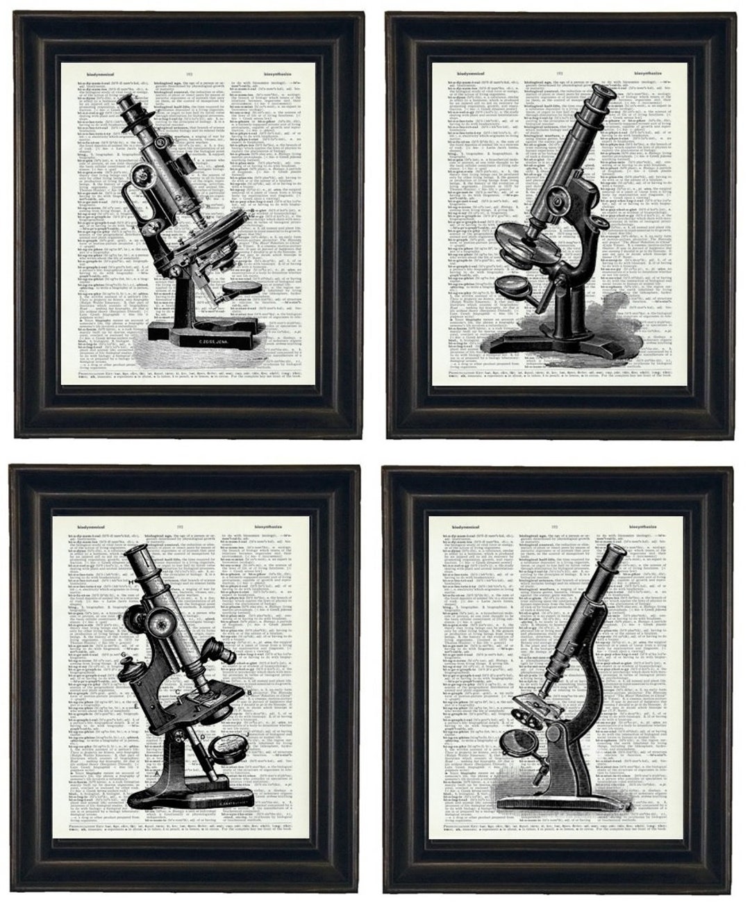 Microscope Illustration Set of Four A Prints, Microscope Art Dictionary ...