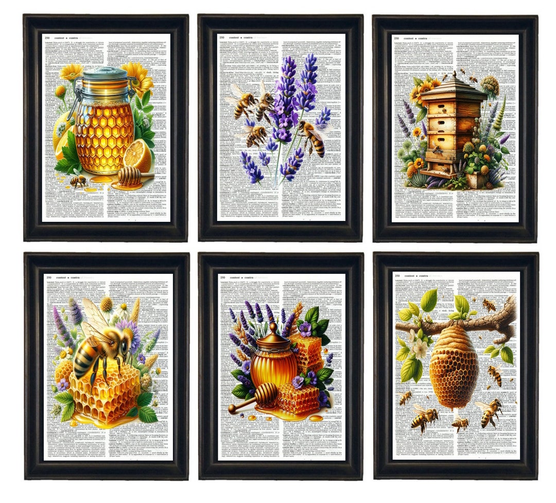 Dictionary Prints, Set of Bee Prints, Honey Prints, Set of 6 Bee Prints ...