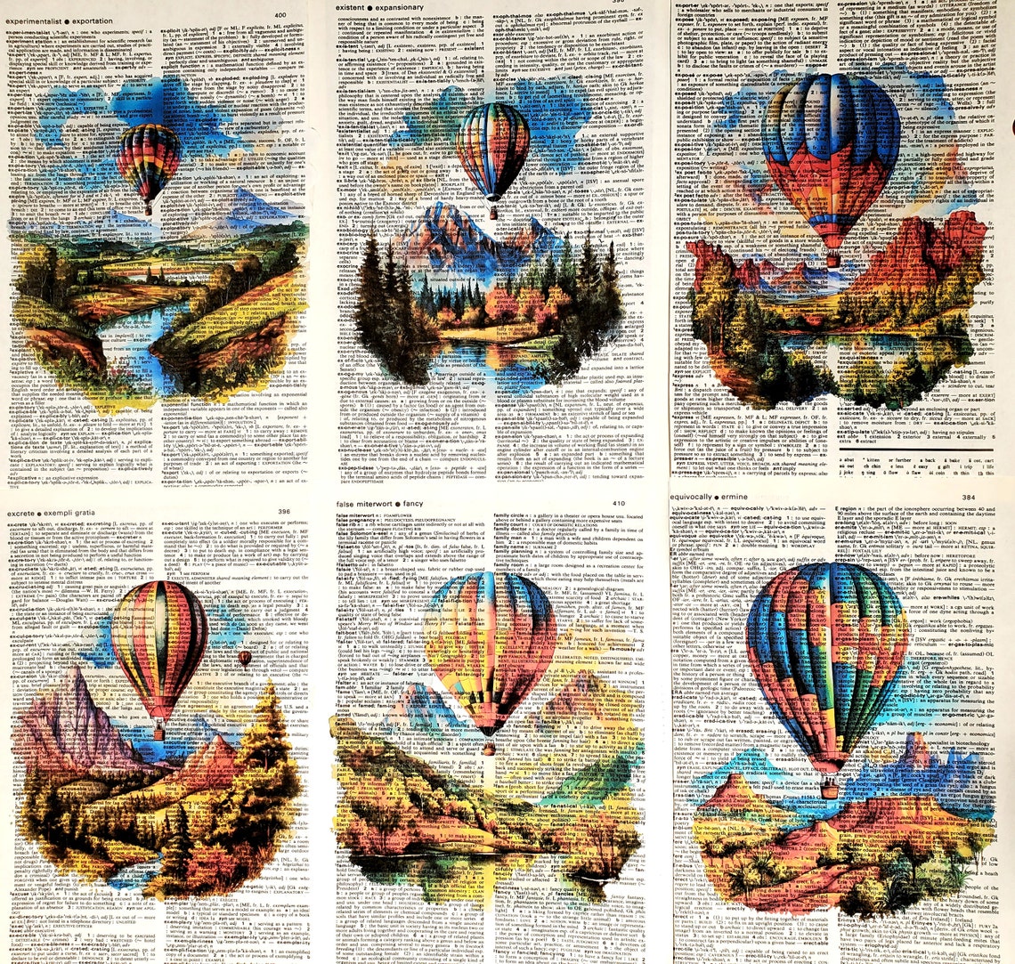 Dictionary Prints, Hot Air Balloon Prints, Landscape Prints, Set of 6 ...