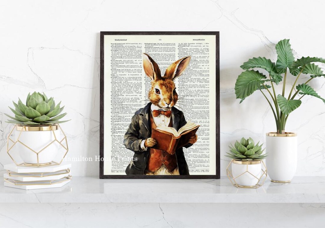 Rabbit Reading Print, Reading Art, Dictionary Prints, Rabbit Reading ...