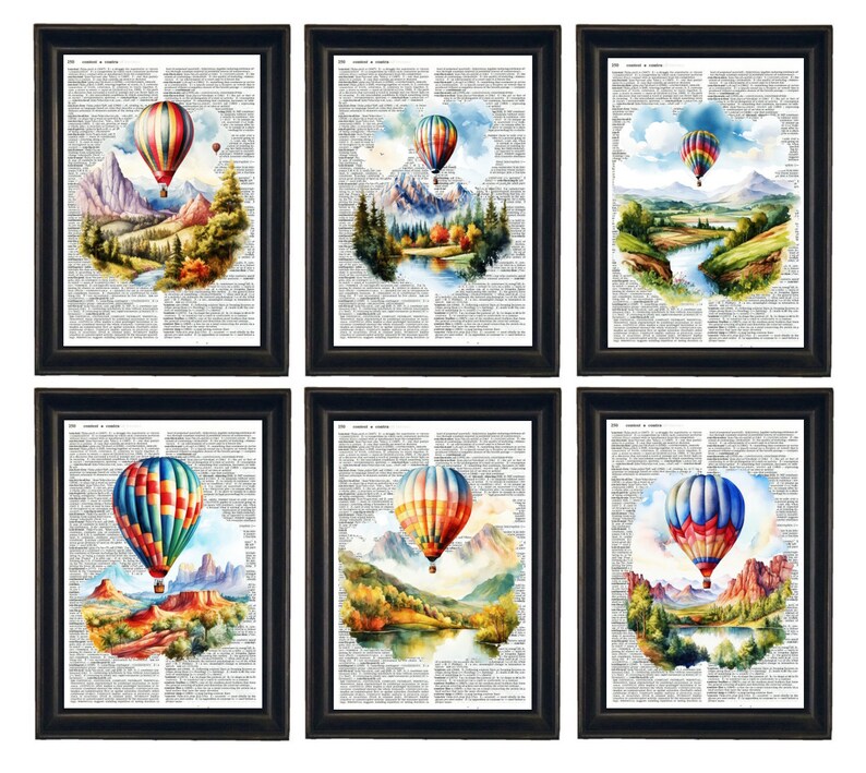 Dictionary Prints, Hot Air Balloon Prints, Landscape Prints, Set of 6 ...