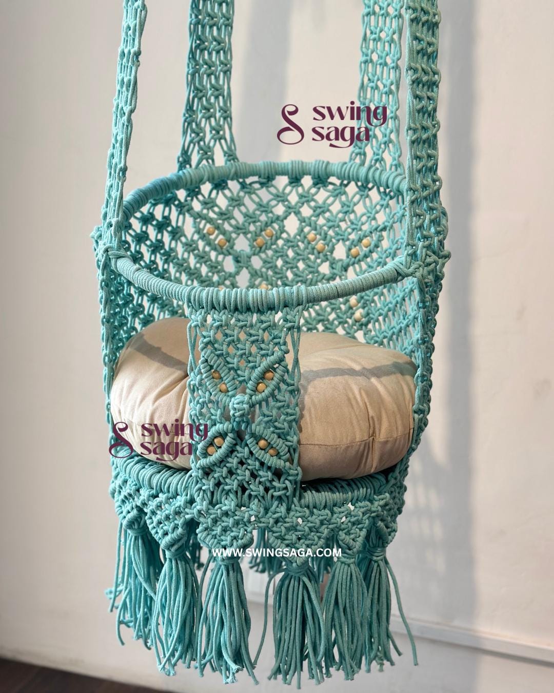 Aqua Blue Baby Swing | Soft Cotton Wooden Baby Swing Seat | Indoor ...