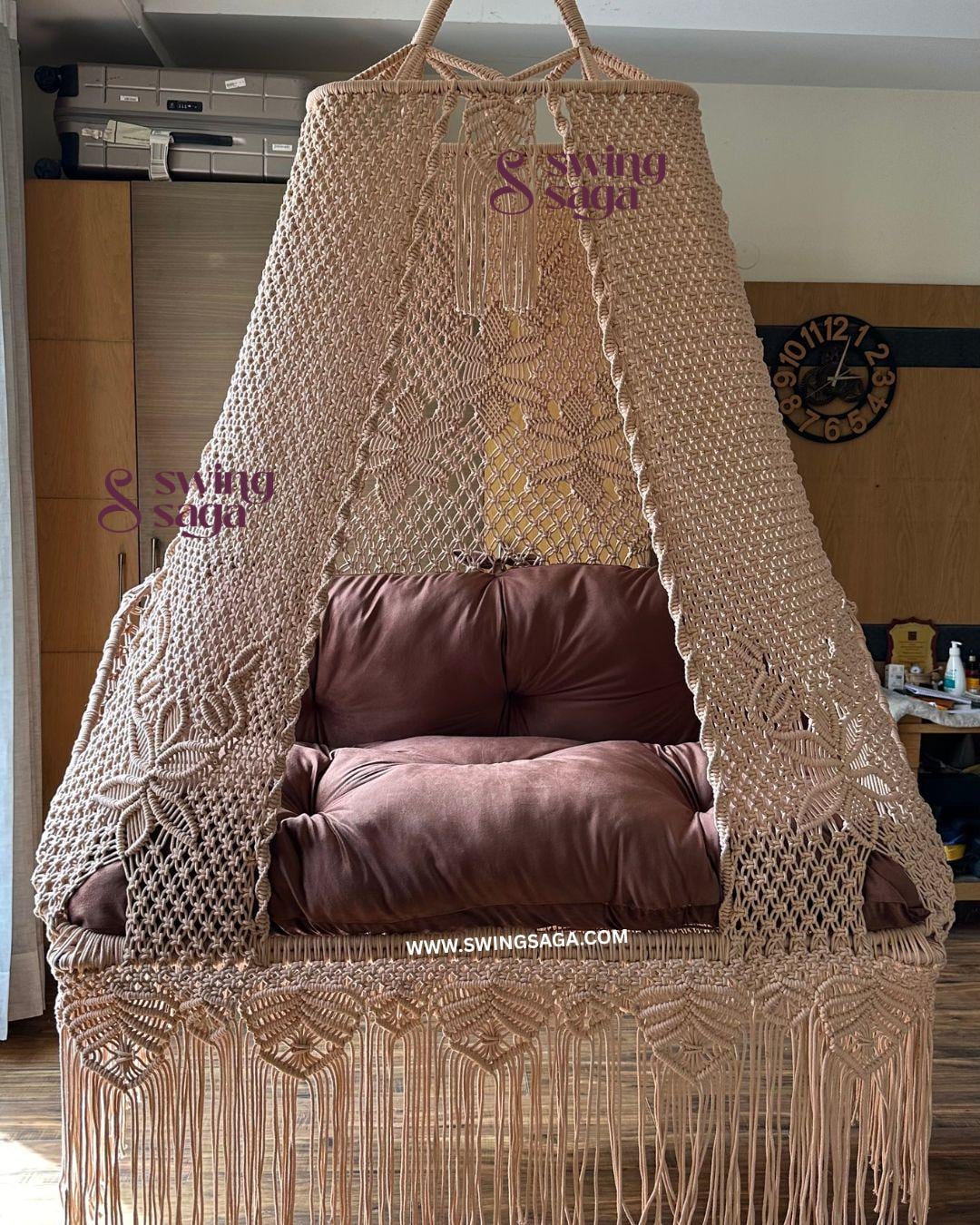 Handmade Boho Macrame Swing Chair | Indoor Hanging Lounger With Velvet ...