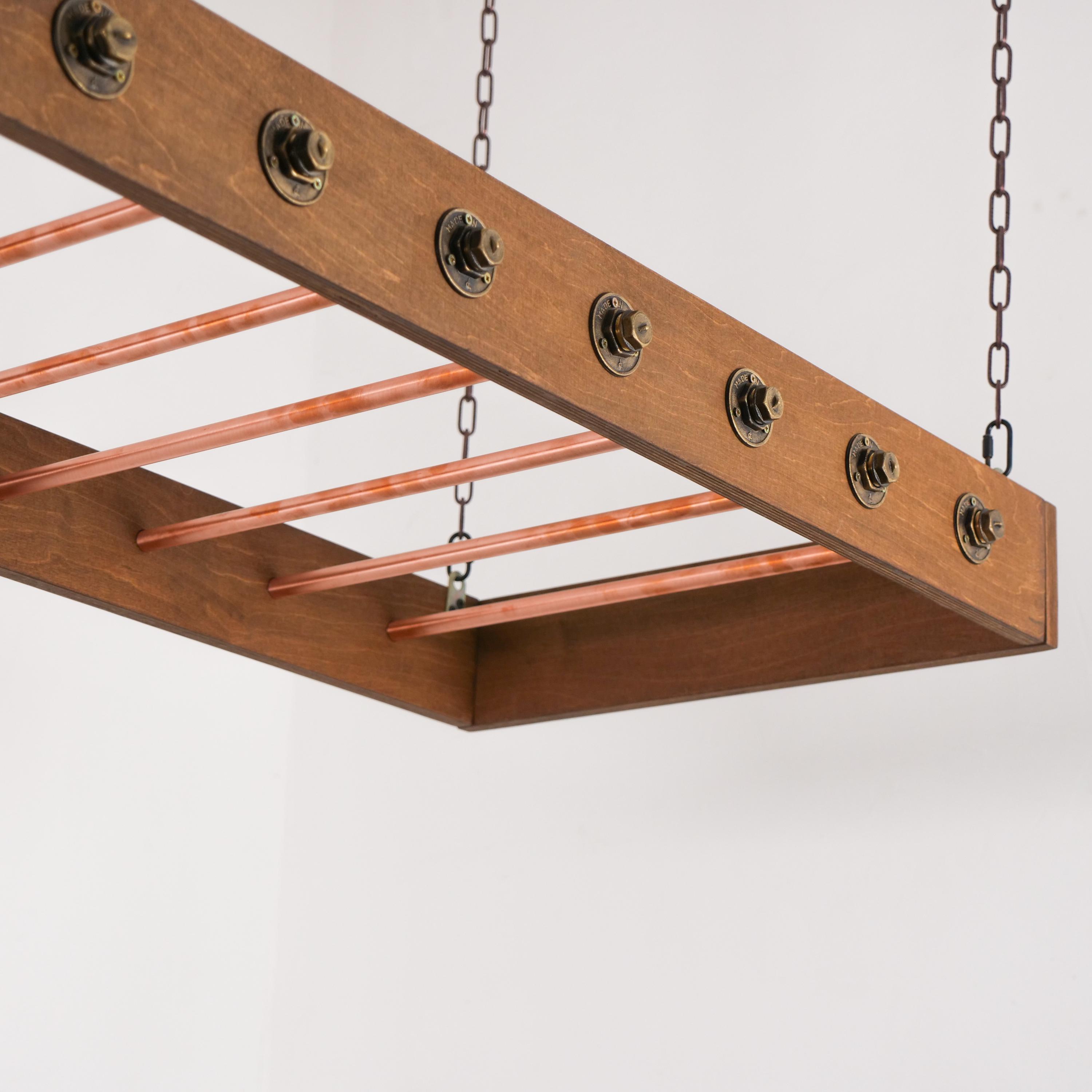 Farmhouse Pot Rack Ceiling Ladder Pot Rack Wood & Copper Hanging Pot ...