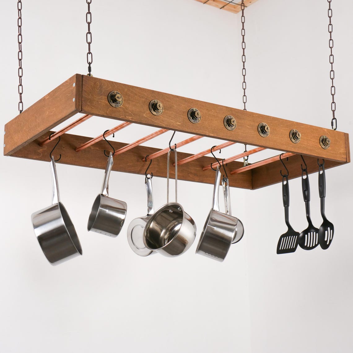 Farmhouse Pot Rack Ceiling Ladder Pot Rack Wood & Copper Hanging Pot ...