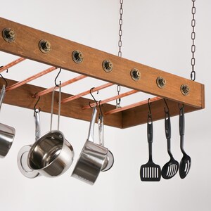 Farmhouse Pot Rack Ceiling Ladder Pot Rack Wood & Copper Hanging Pot ...