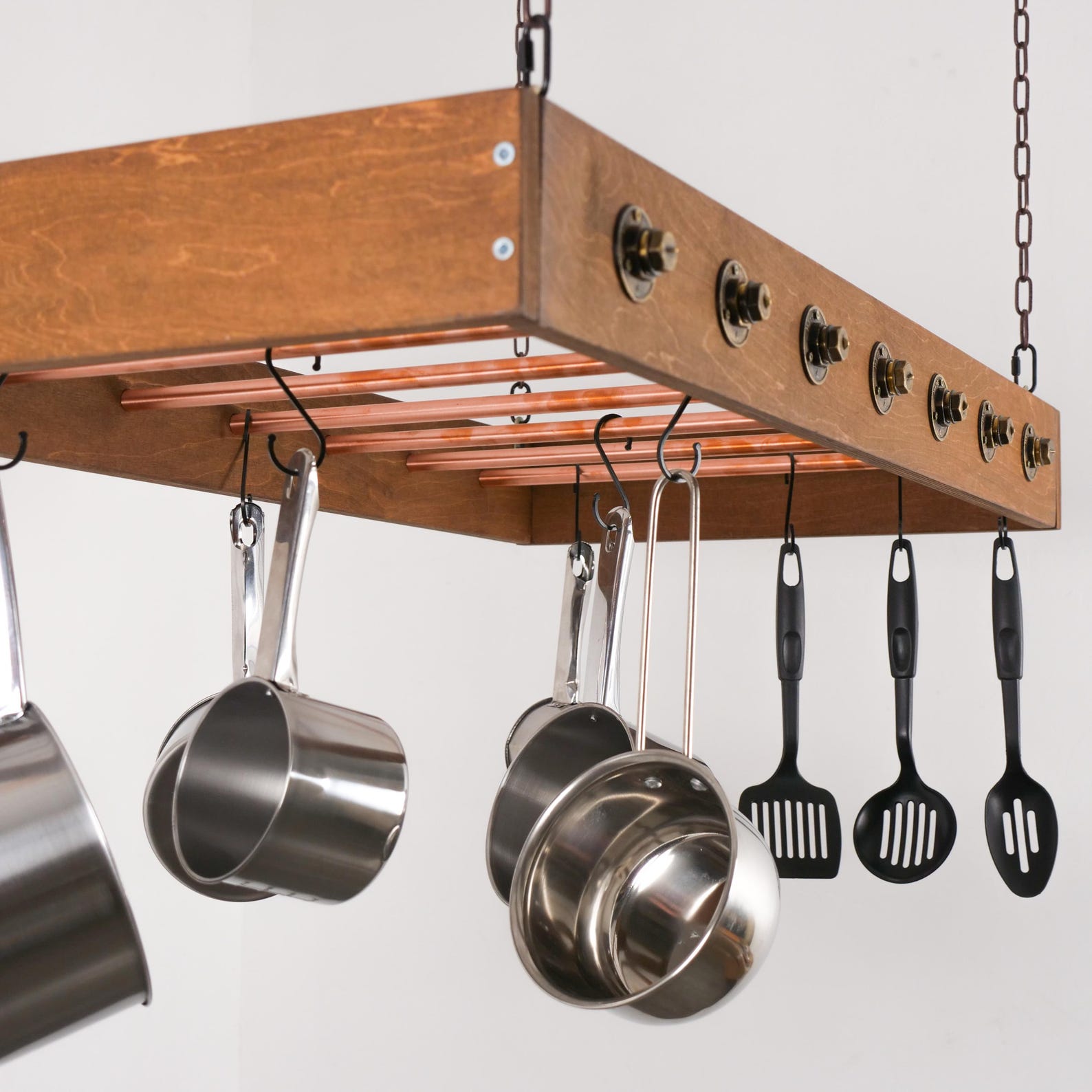 Farmhouse Pot Rack Ceiling Ladder Pot Rack Wood & Copper Hanging Pot ...