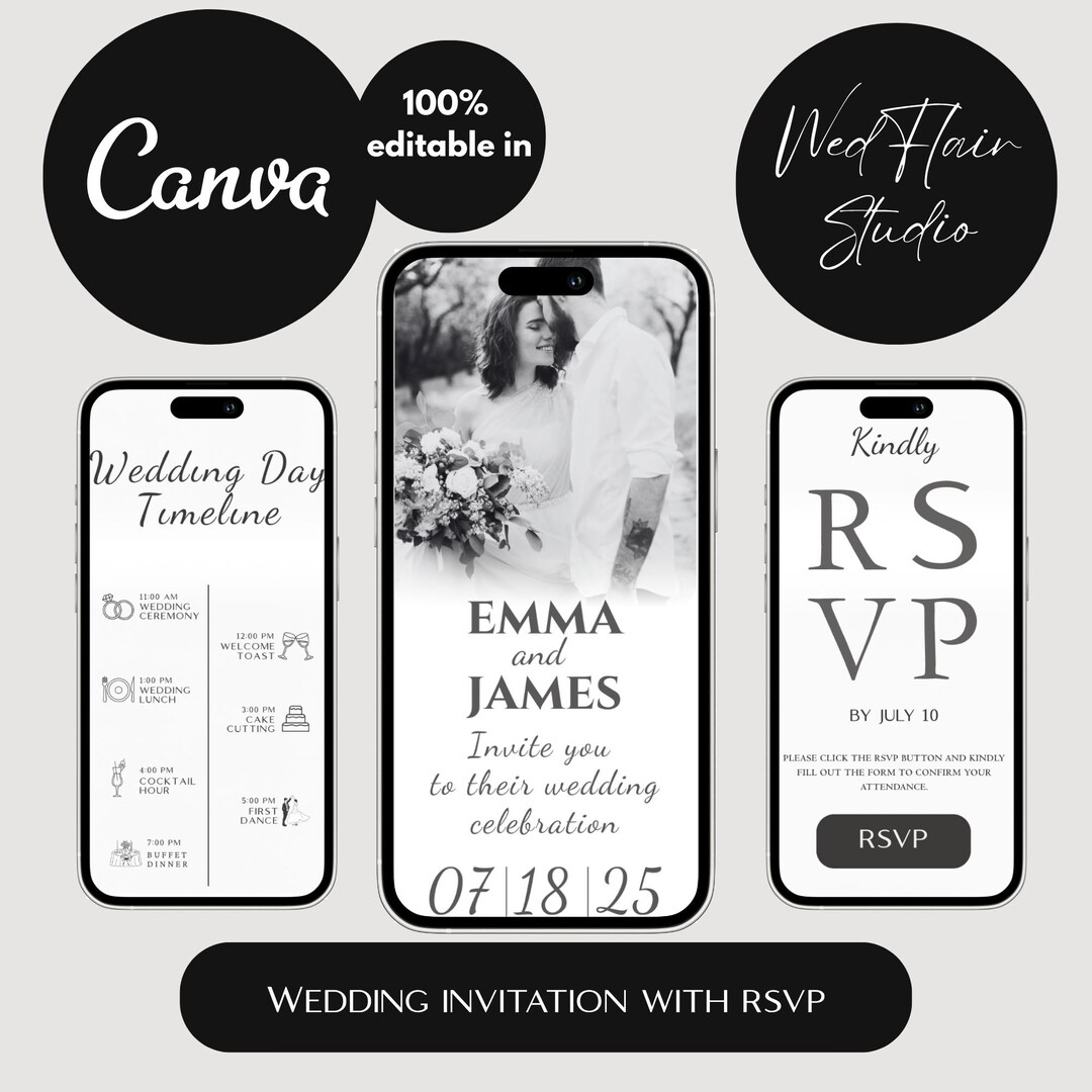 Modern Digital Wedding Invitation With RSVP | Canva Template (mobile ...