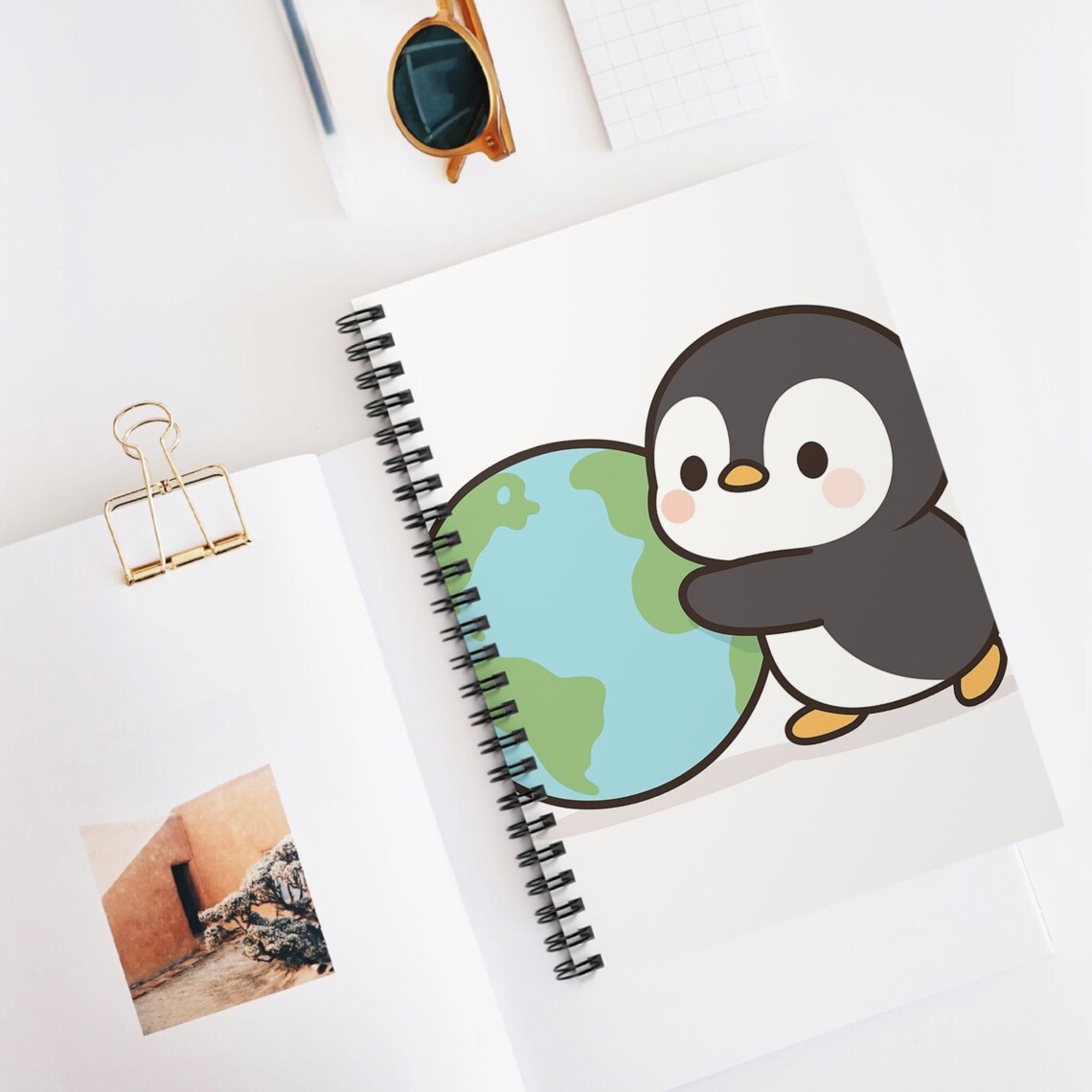 Cute Penguin Student Notebook With Globe | Spiral 6x8" Ruled Journal ...