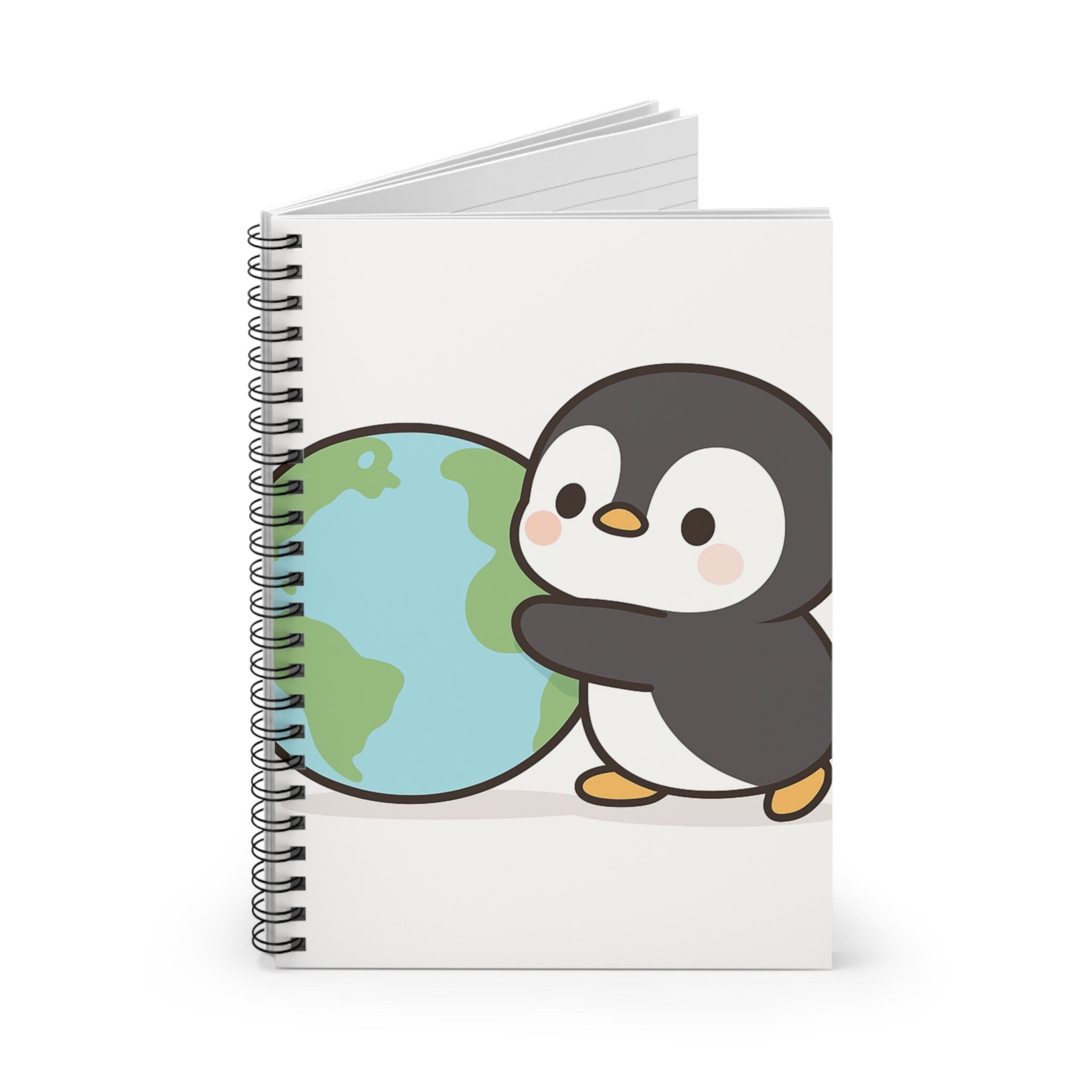 Cute Penguin Student Notebook With Globe | Spiral 6x8" Ruled Journal ...