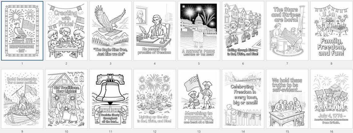 Independence Day Printable Coloring Pages Sheets Quotes History - Etsy