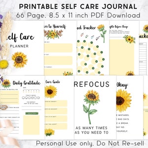 Printable Self Care Planner, Sunflower Self Care Journal, Wellness ...