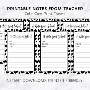 Printable Notes From Teacher Cow Print Reward Cards Farm - Etsy