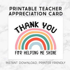 Printable Rainbow Teacher Appreciation Card, Thank You for Helping Me ...