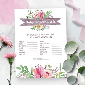 Baby Word Scramble, Baby Shower Game, Watercolor Floral Game Card, Baby ...