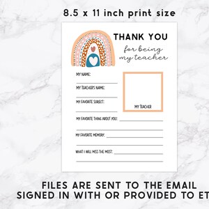 Printable Teacher Appreciation Letter, End of Year Teacher Card, Boho ...