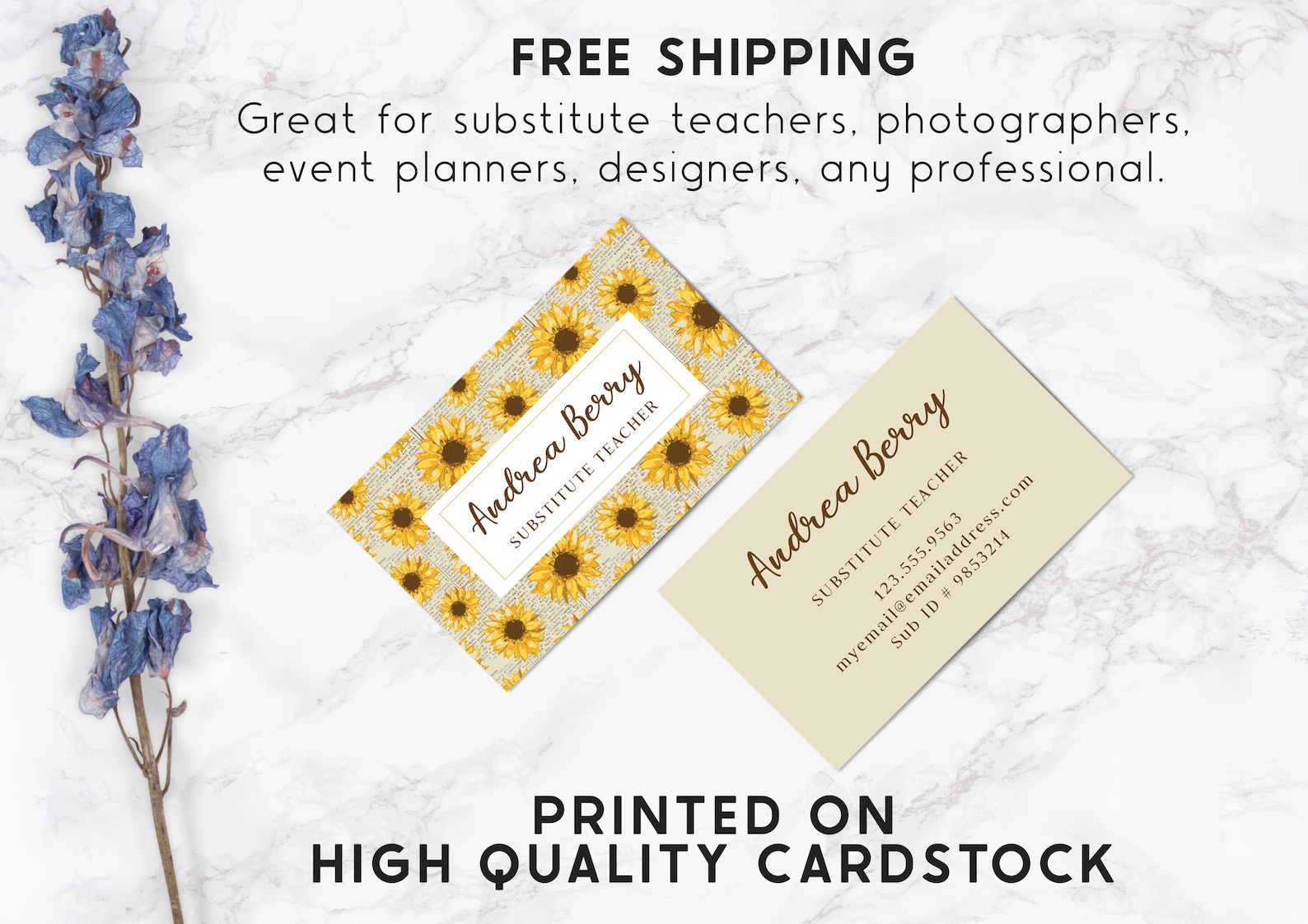 Substitute Teacher Business Cards Sunflower Contact Cards - Etsy