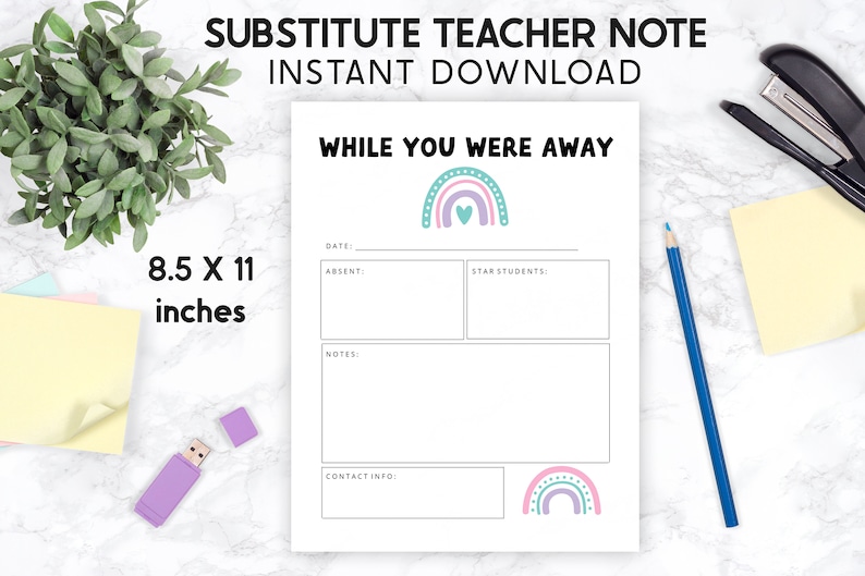 Printable Substitute Teacher While You Were Away Note Pastel - Etsy