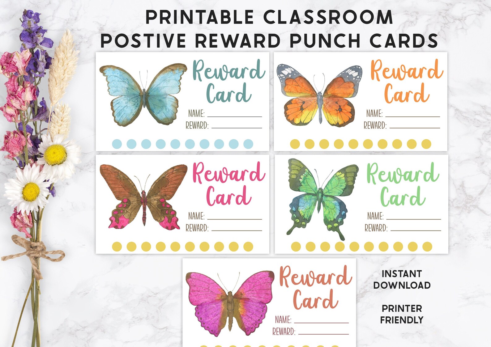 Printable Butterfly Theme Classroom Reward Punch Cards Set of | Etsy