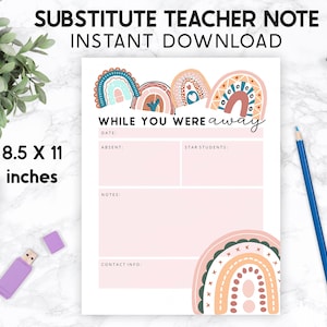 Printable Substitute Teacher While You Were Away Note, Boho Rainbow ...