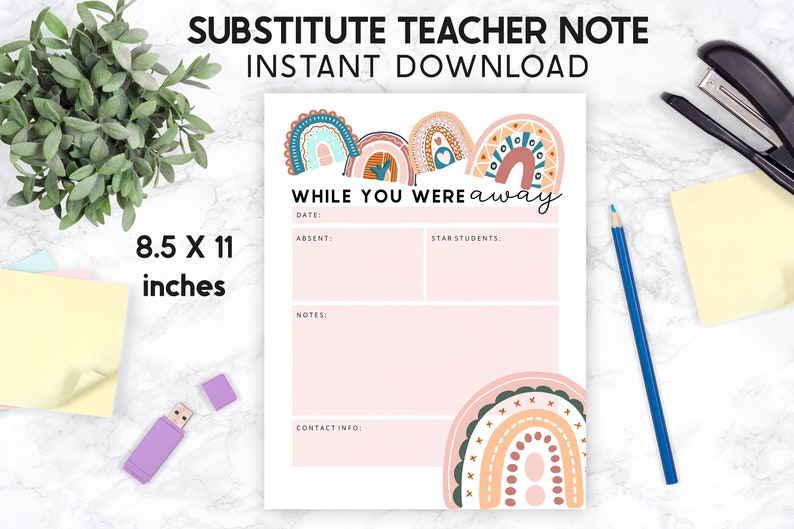 Printable Substitute Teacher While You Were Away Note, Boho Rainbow ...