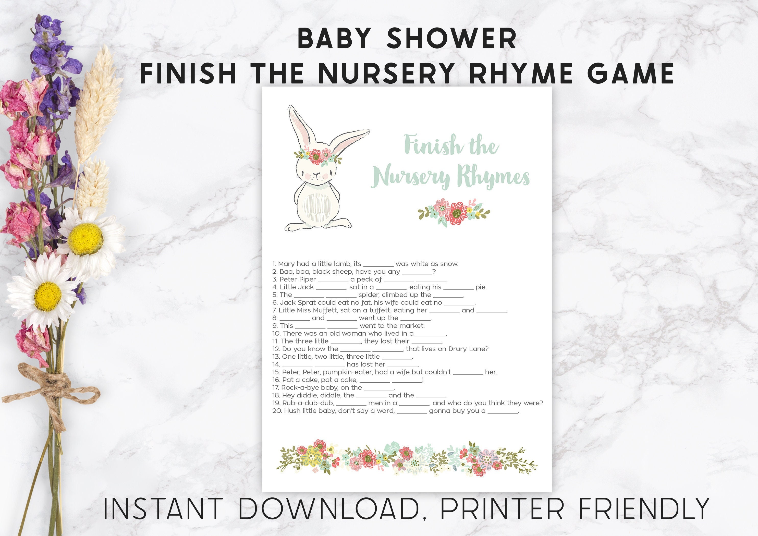 Nursery Rhymes Game Quiz Baby Shower Game Printable Bunny - Etsy