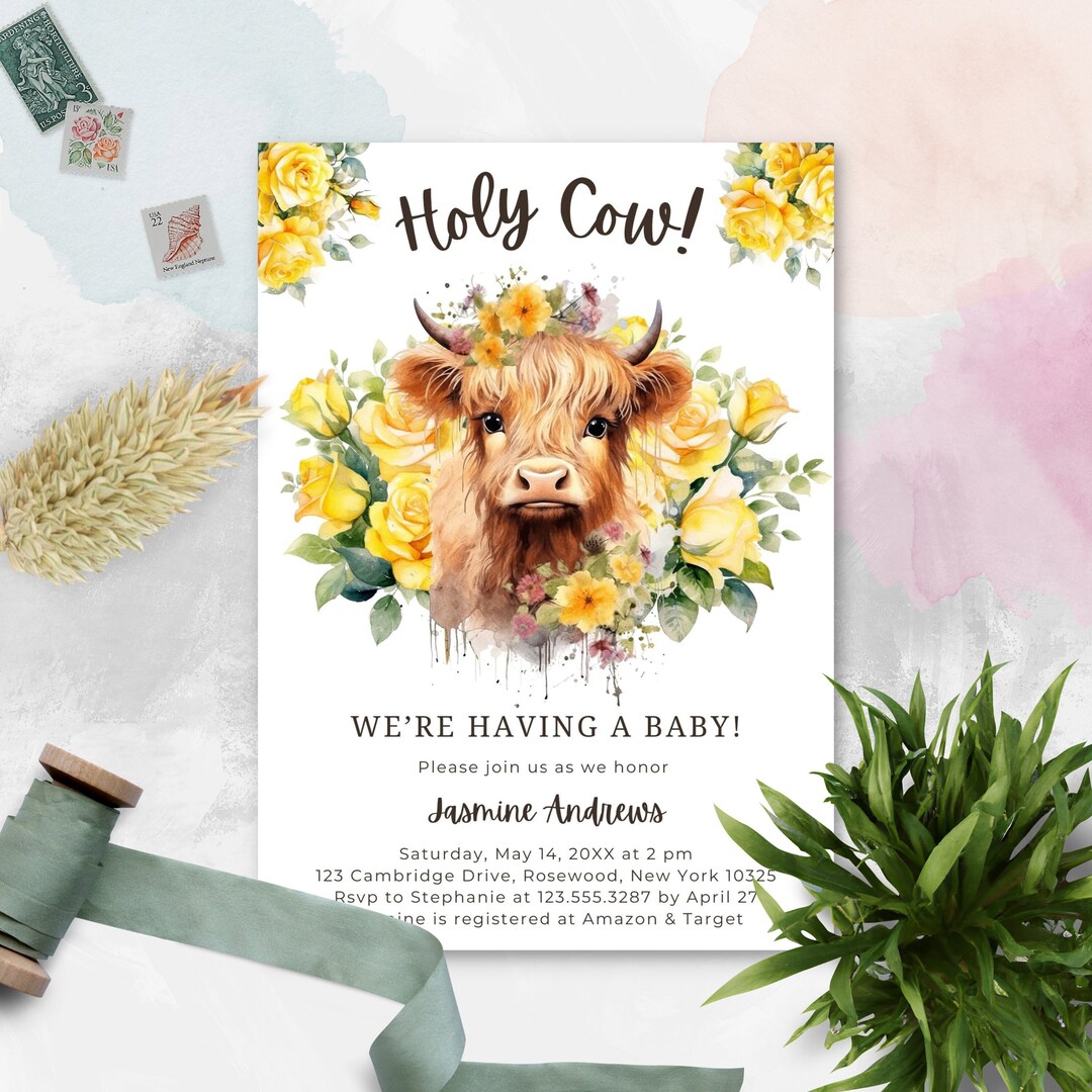 Editable Holy Cow Baby Shower Invitation, Highland Cow Baby Shower ...