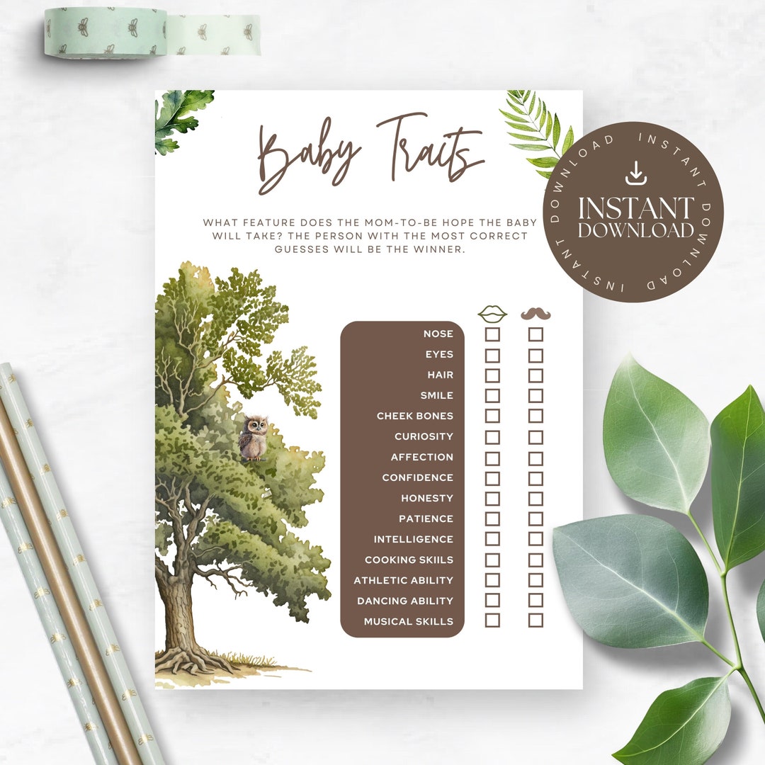 Baby Traits Shower Game, Woodland Owl Mommy or Daddy Shower Activity ...