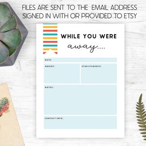 Printable Substitute Teacher Note, While You Were Away Card, Colorful ...