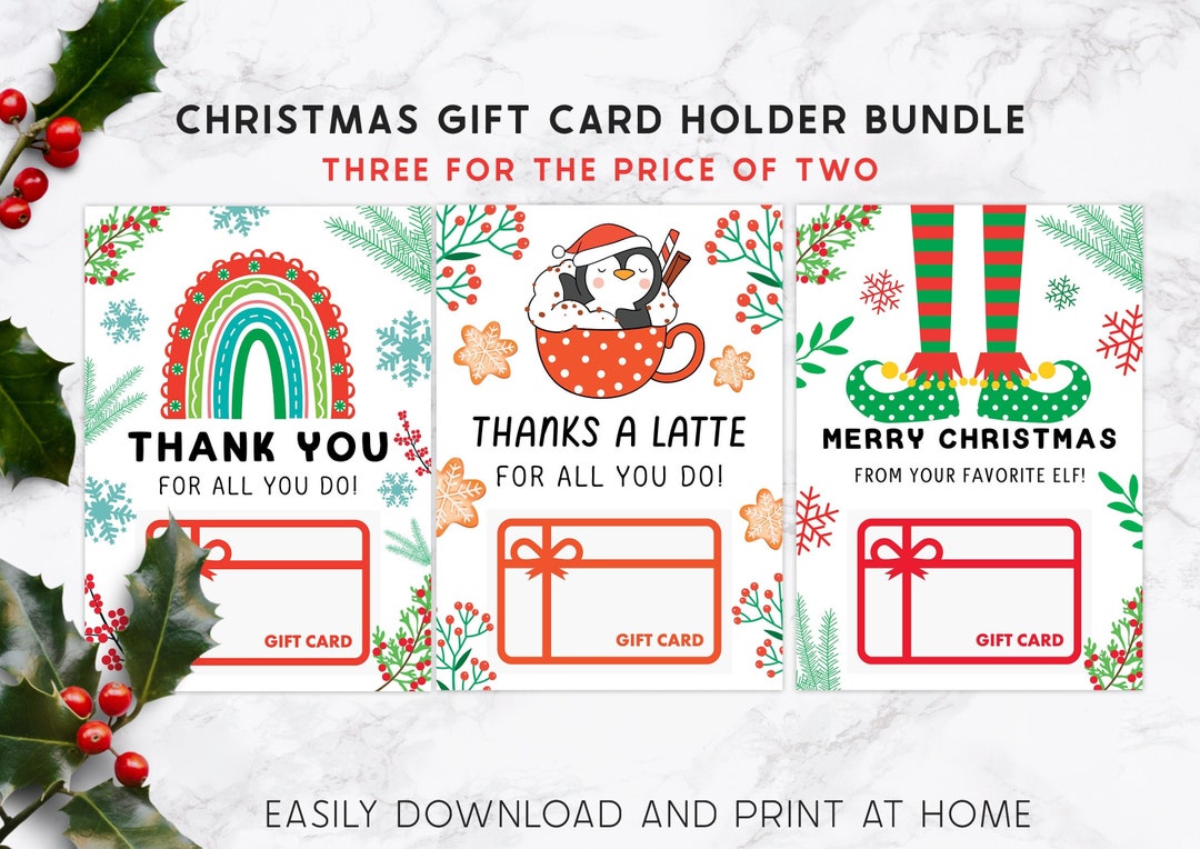Printable Christmas Gift Card Holder Bundle, Teacher Gift Idea, Thanks ...