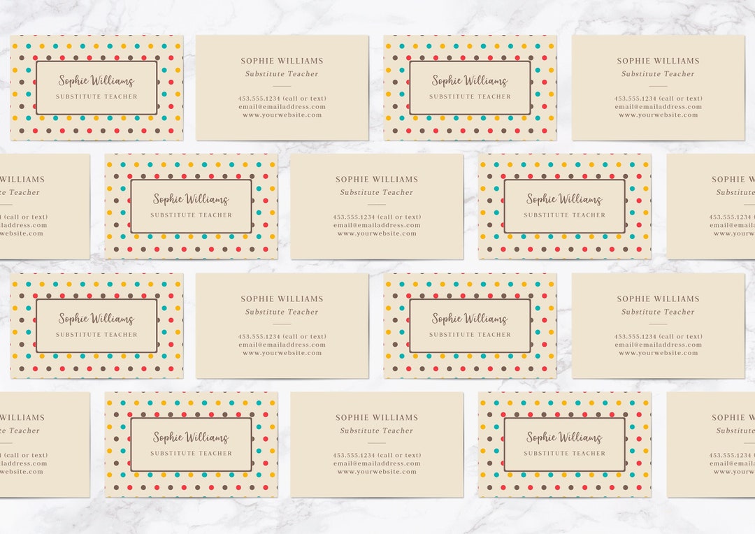 Substitute Teacher Business Cards, Teacher Calling Card, Polka Dots ...
