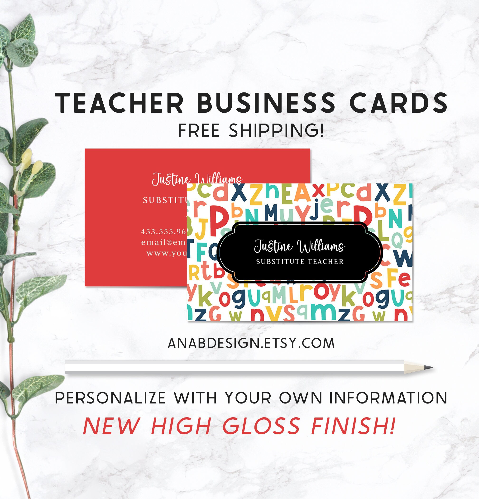 Substitute Teacher Business Cards Elementary Alphabet School - Etsy