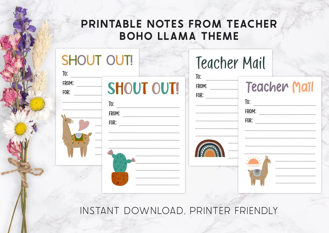 Printable Notes From Teacher Cards Boho Llama Reward Cards - Etsy