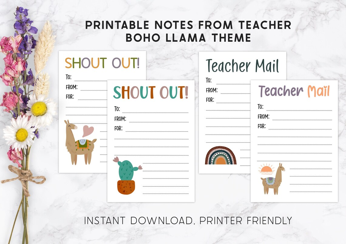 Printable Notes From Teacher Cards, Boho Llama Reward Cards, Rainbow ...