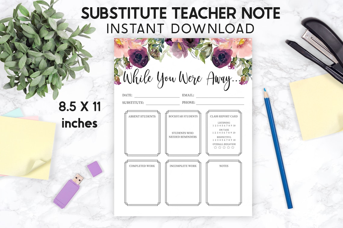 Printable Substitute Teacher Note While You Were Away Back | Etsy