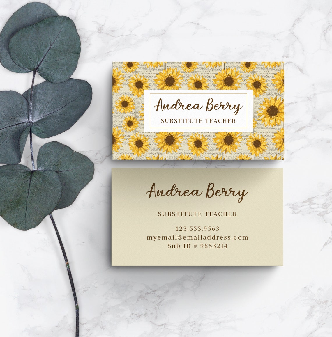 Substitute Teacher Business Cards Sunflower Contact Cards - Etsy