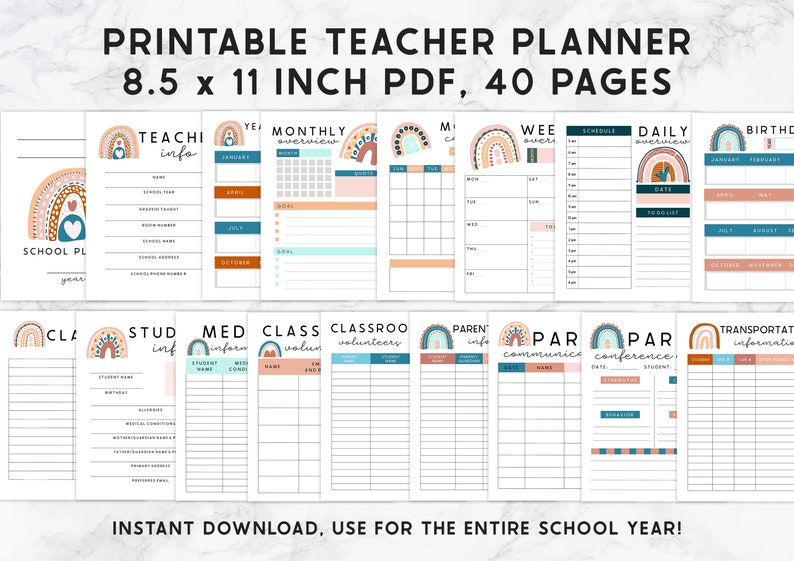 Big Teacher Planner Boho Theme Binder Planner Rainbow - Etsy