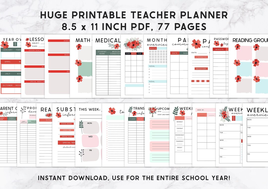 Floral Poppy Teacher Planner: Printable Binder With Lesson Templates ...