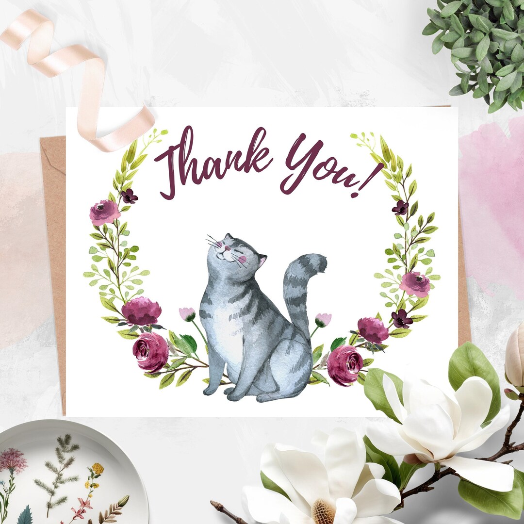 Editable Thank You Card Template, Cat Theme Getting Meowied ...
