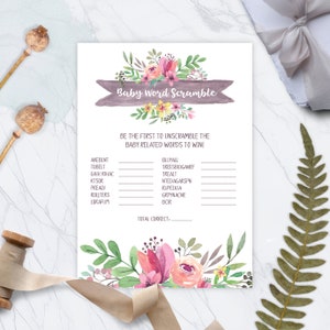 Baby Word Scramble, Baby Shower Game, Watercolor Floral Game Card, Baby ...