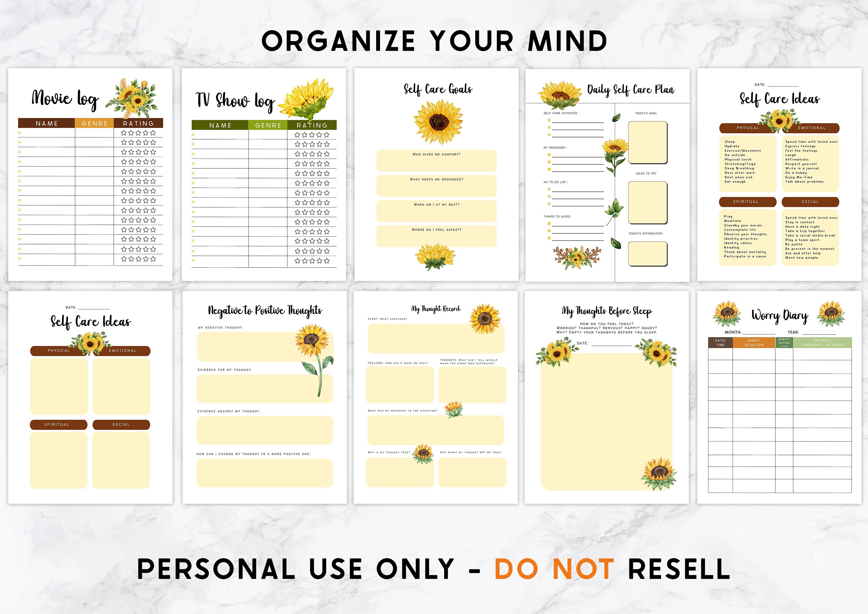 Printable Self Care Planner, Sunflower Self Care Journal, Wellness ...
