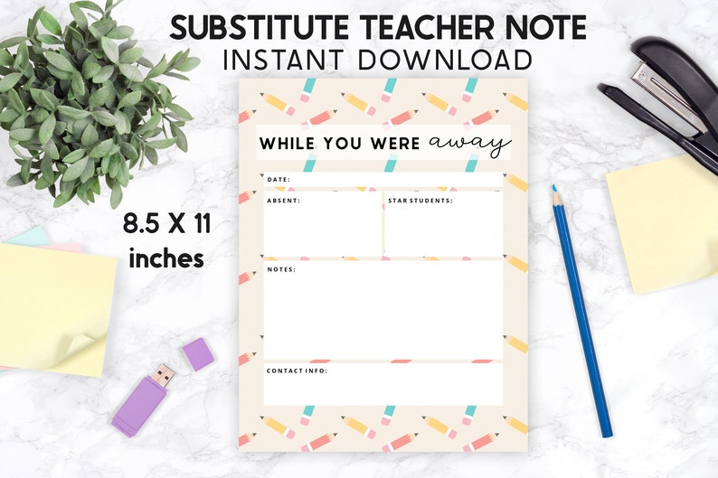 Printable Substitute Teacher Note While You Were Away Note - Etsy