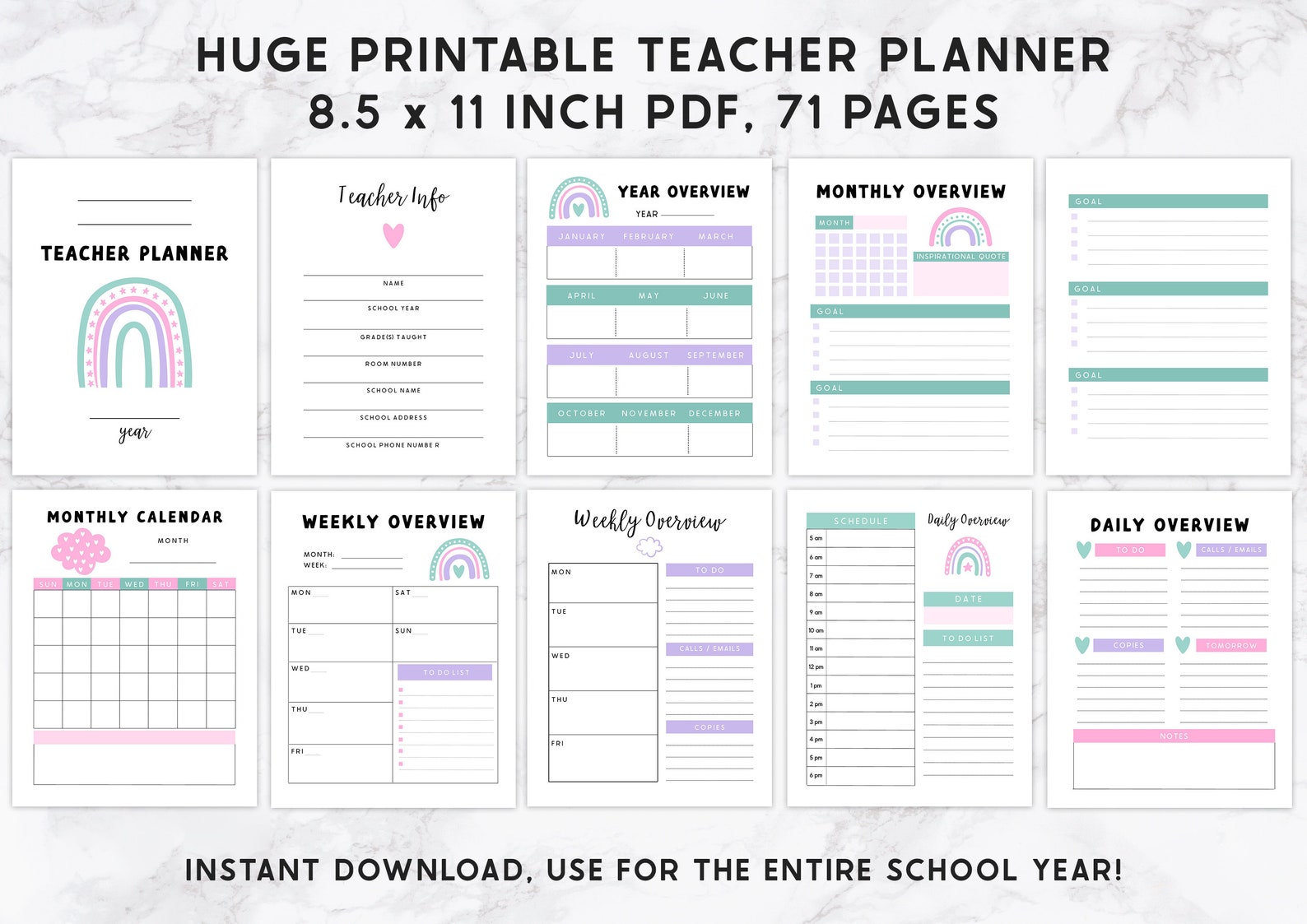 Printable Teacher Planner Pastel Rainbow Teacher Binder Big - Etsy