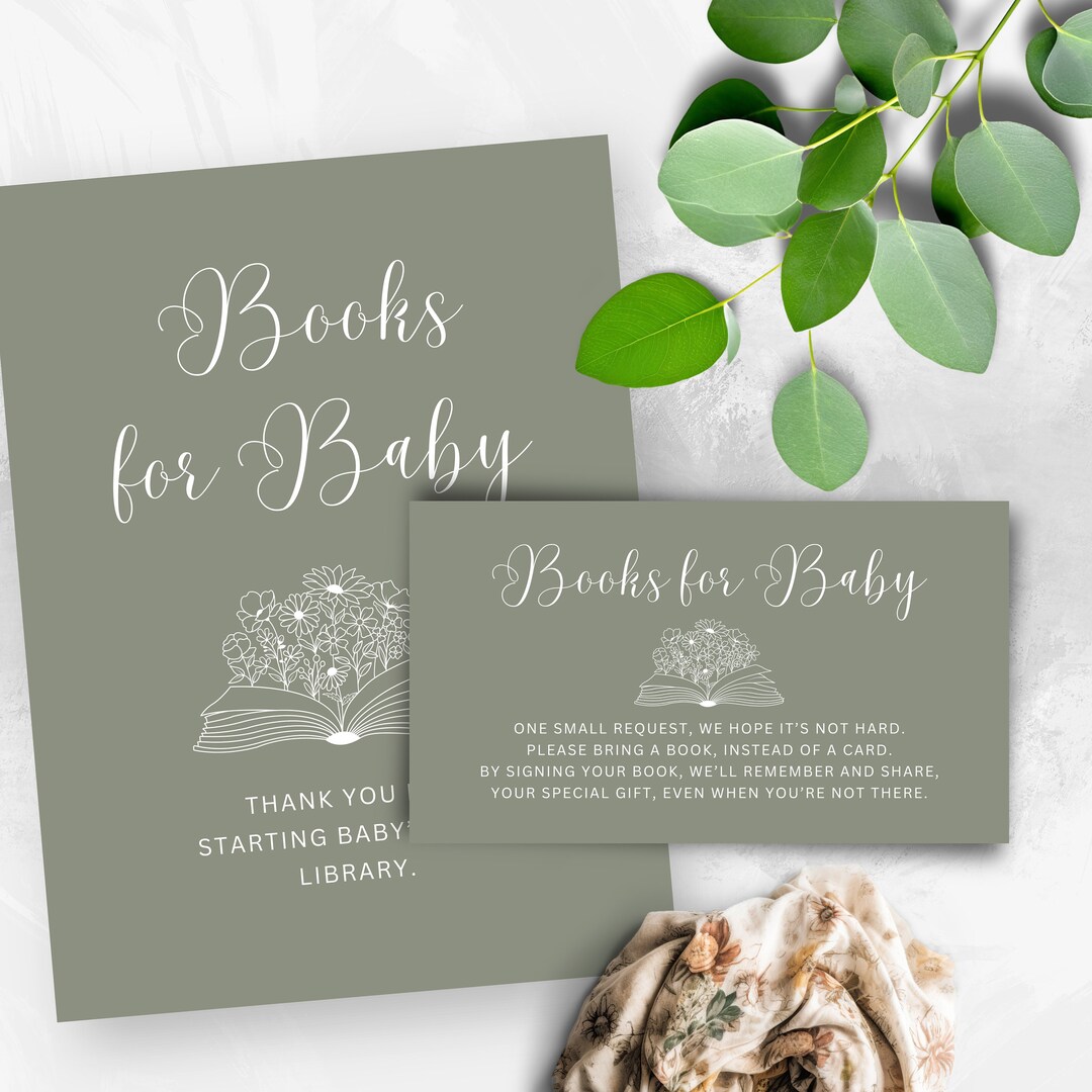 Books for Baby Table Sign, Editable Baby Book Request Card, Sage Green ...