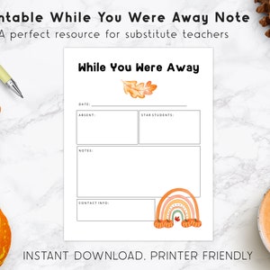 Printable Substitute Teacher Note, Fall While You Were Away Note ...