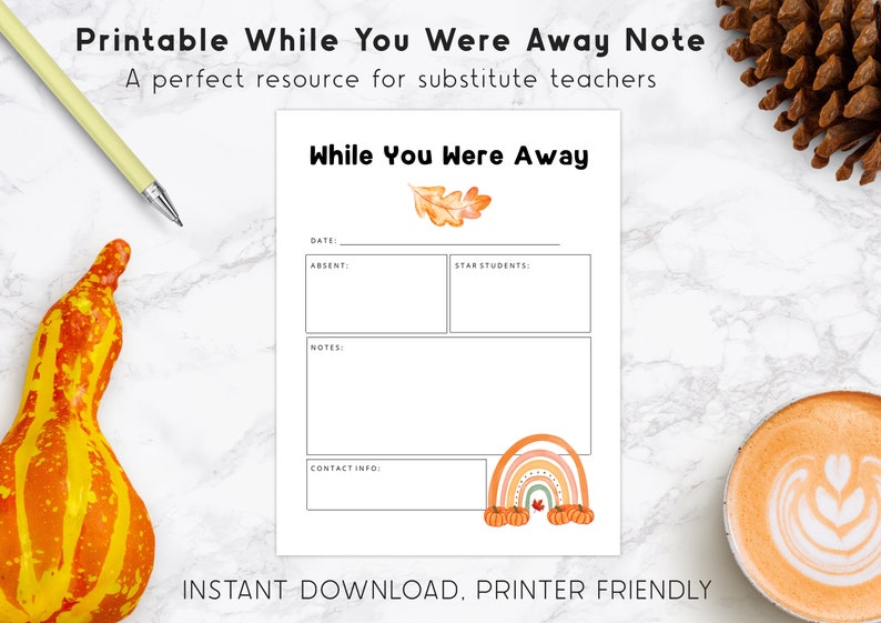 Printable Substitute Teacher Note Fall While You Were Away - Etsy