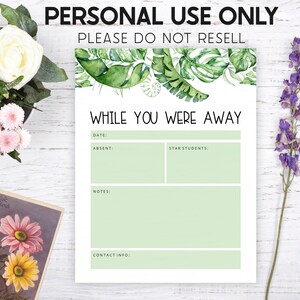 Printable Substitute Teacher While You Were Away Note, Jungle Greenery ...