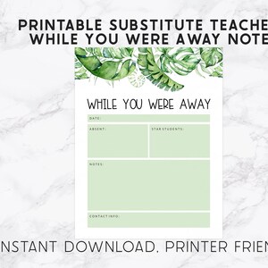 Printable Substitute Teacher While You Were Away Note, Jungle Greenery ...