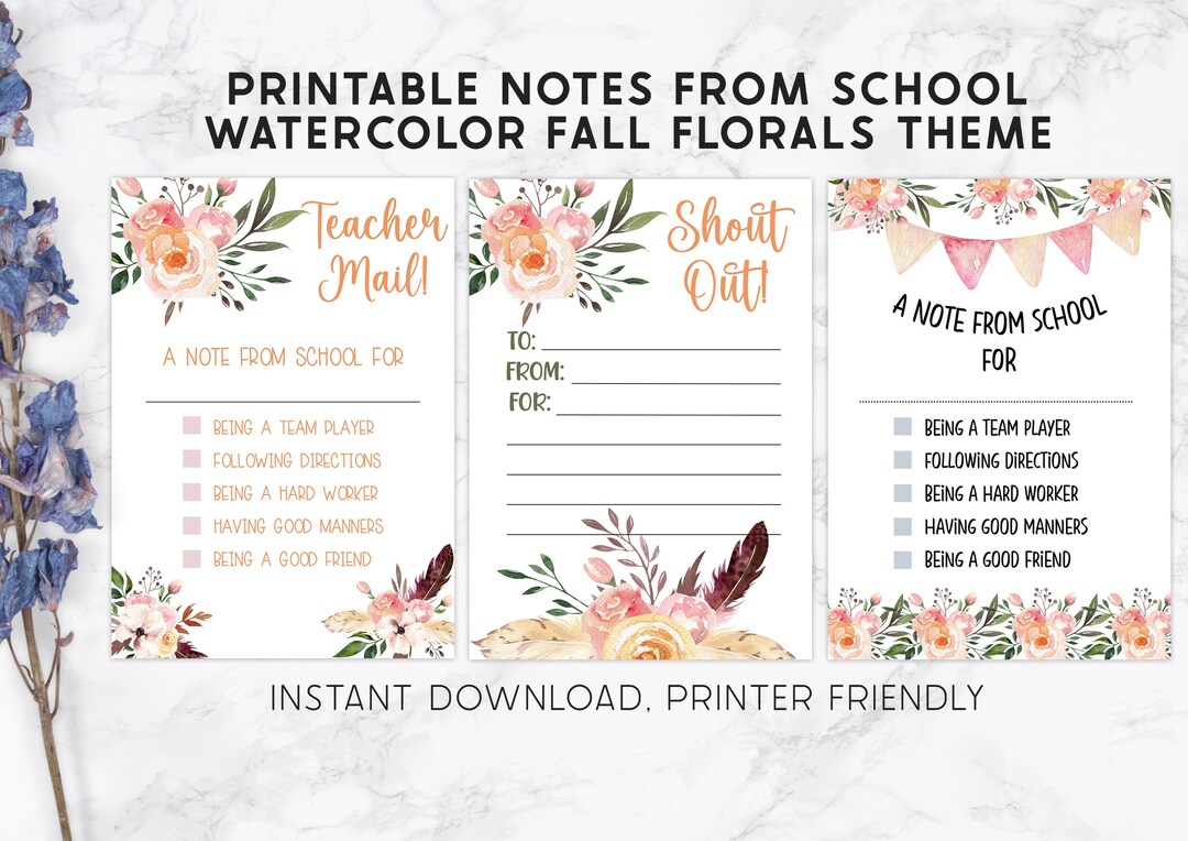 Printable Teacher Mail, Floral Notes From School, Fall Flower Back to ...