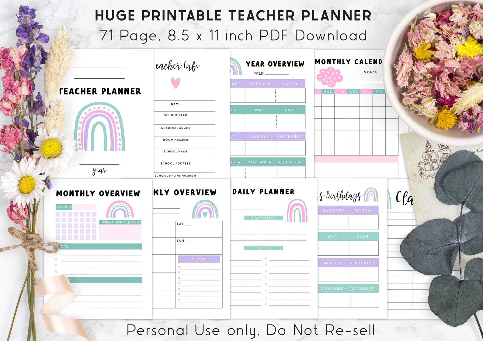 Printable Teacher Planner Pastel Rainbow Teacher Binder Big - Etsy